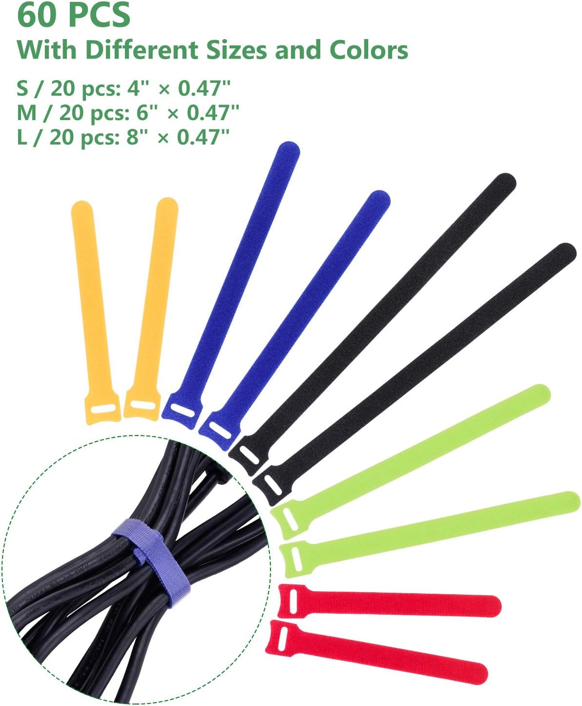 OneLeaf 60 PCs Reusable Cable Ties, Hook and Loop Cable Straps Cord ...