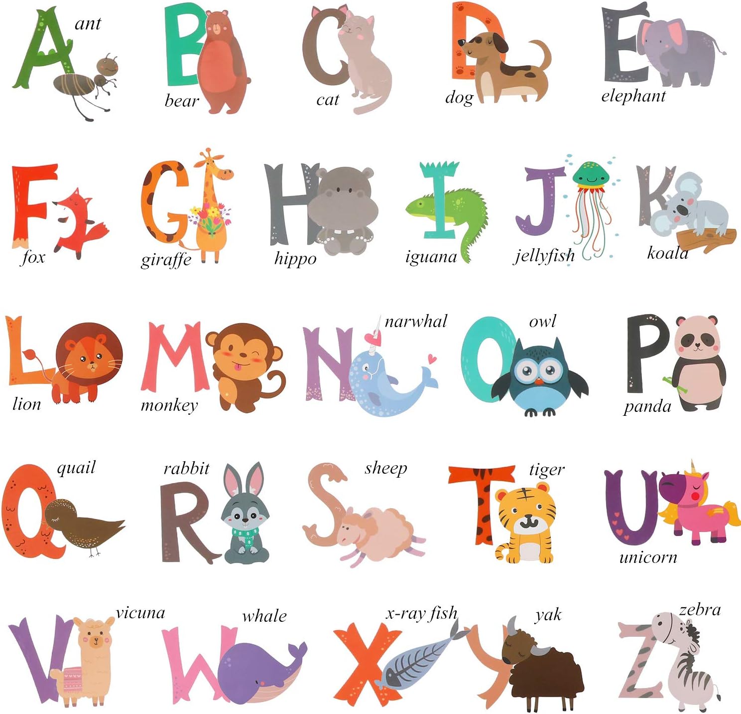 QKURT Cute Animal Alphabet Wall Decals, Peel and Stick Removable ABC ...