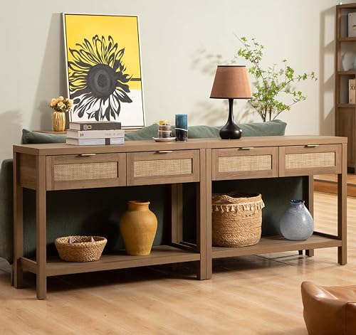 SICOTAS Console Table Set of 2 - Boho Entryway Table with Rattan ...