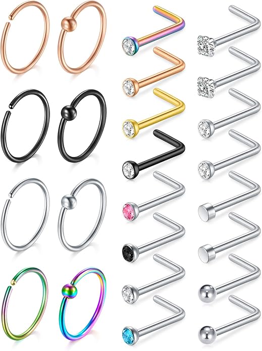 Funseedrr 24stk Nasenpiercing Ring Nase Stecker Set Edelstahl 20G 8mm ...
