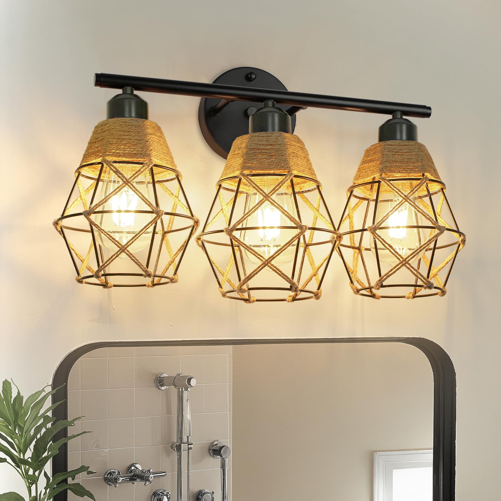 Frideko 3-Light Bathroom Vanity Light Fixtures, Rattan Bathroom Light ...