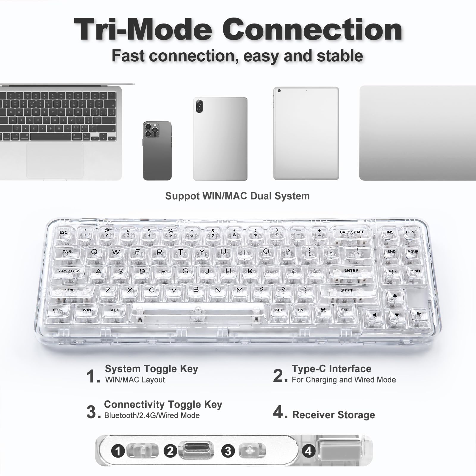 Mua X71 Transparent Mechanical Keyboard with Clear Keycaps, BT5.0/2.4G ...