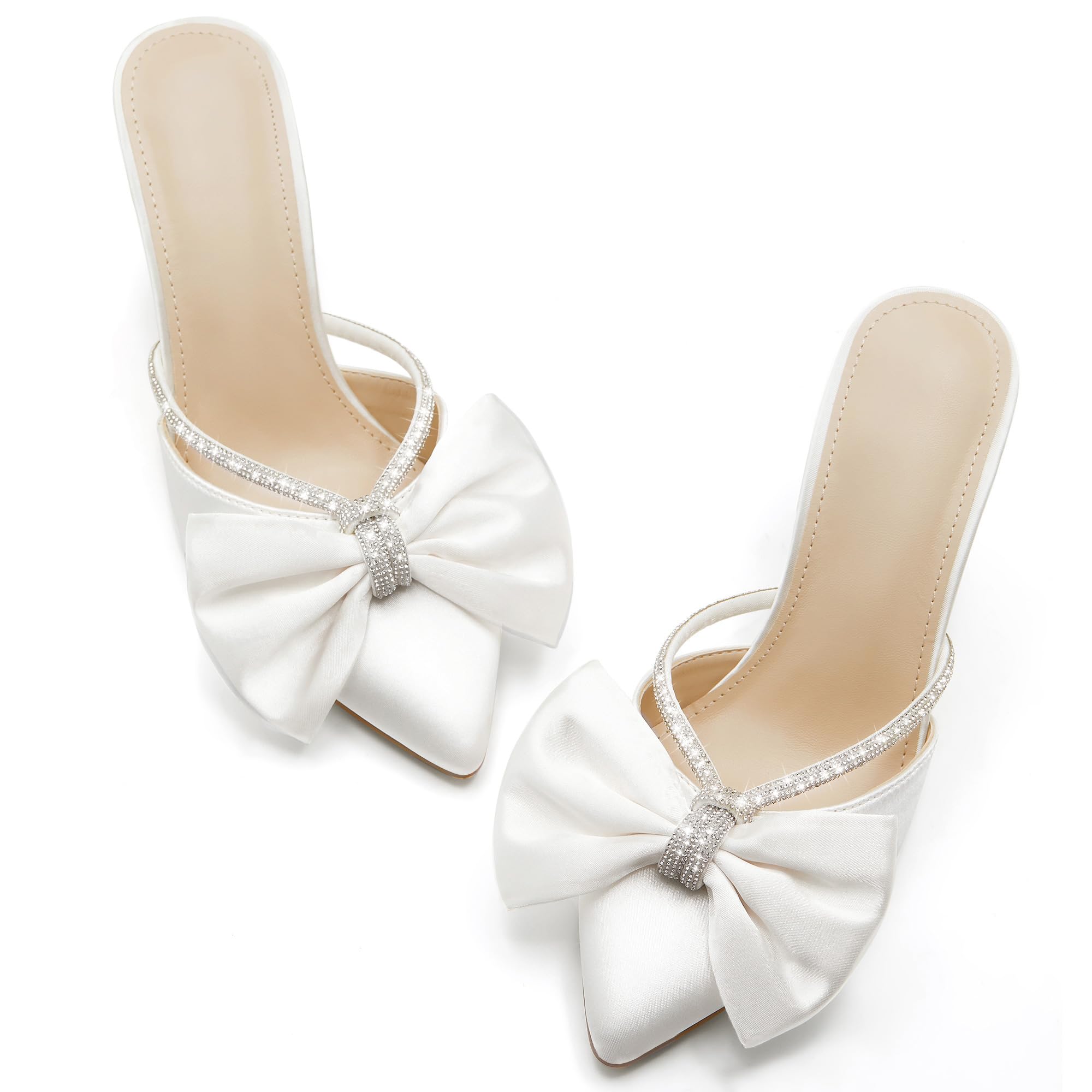 Coutgo Womens Bow Heels Mules Pointed Closed Toe Sandals Rhinestone ...