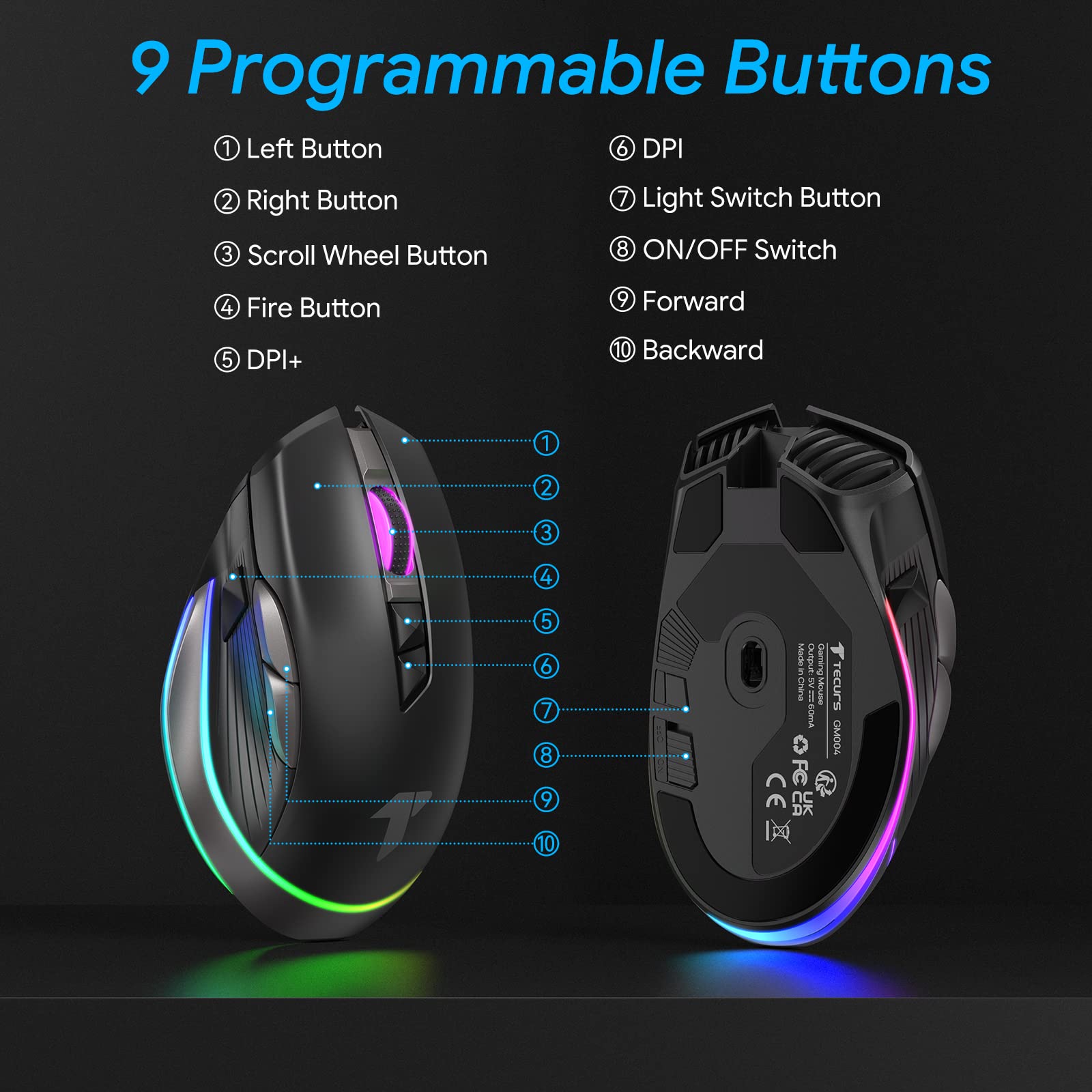 Mua TECURS Wireless Gaming Mouse, 12000 DPI Wired & Wireless Dual Modes Rechargeable RGB Gaming ...
