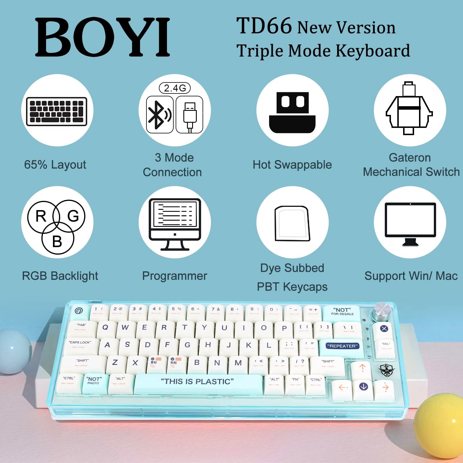Mua BOYI TD66 RGB Tri-Mode Hot Swappable 65% Mechanical Gaming Keyboard ...
