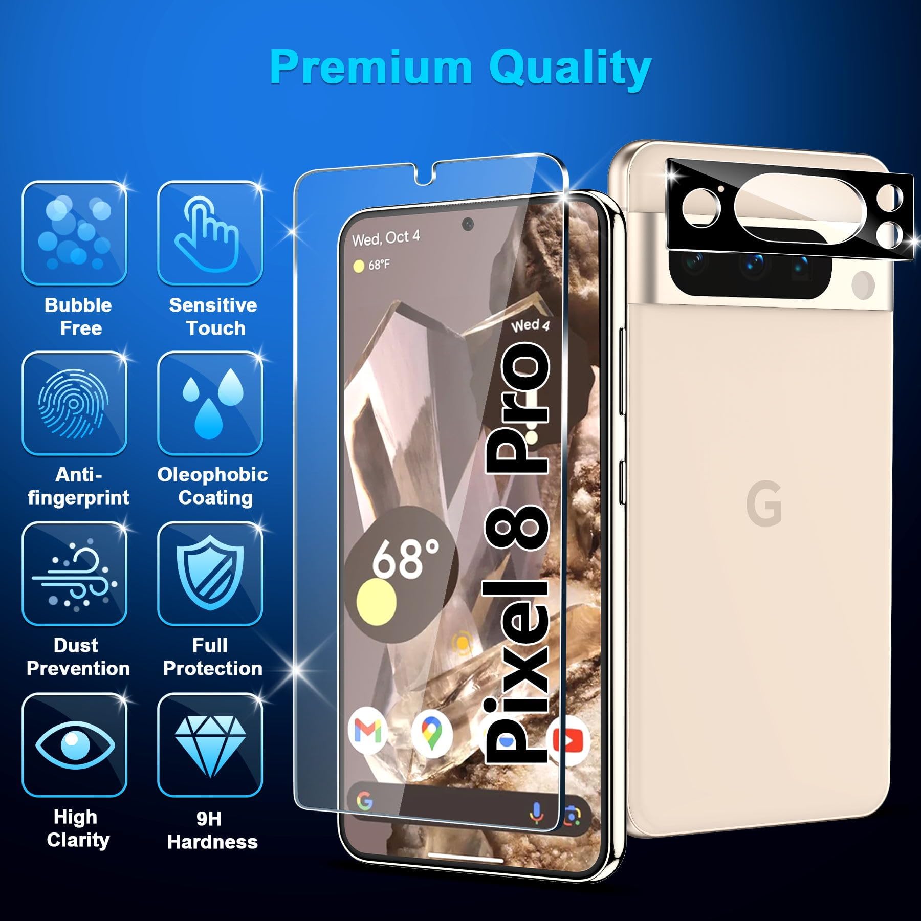 [3+3 Pack] For Google Pixel 8 Pro Screen Protector, 9H Tempered Glass ...