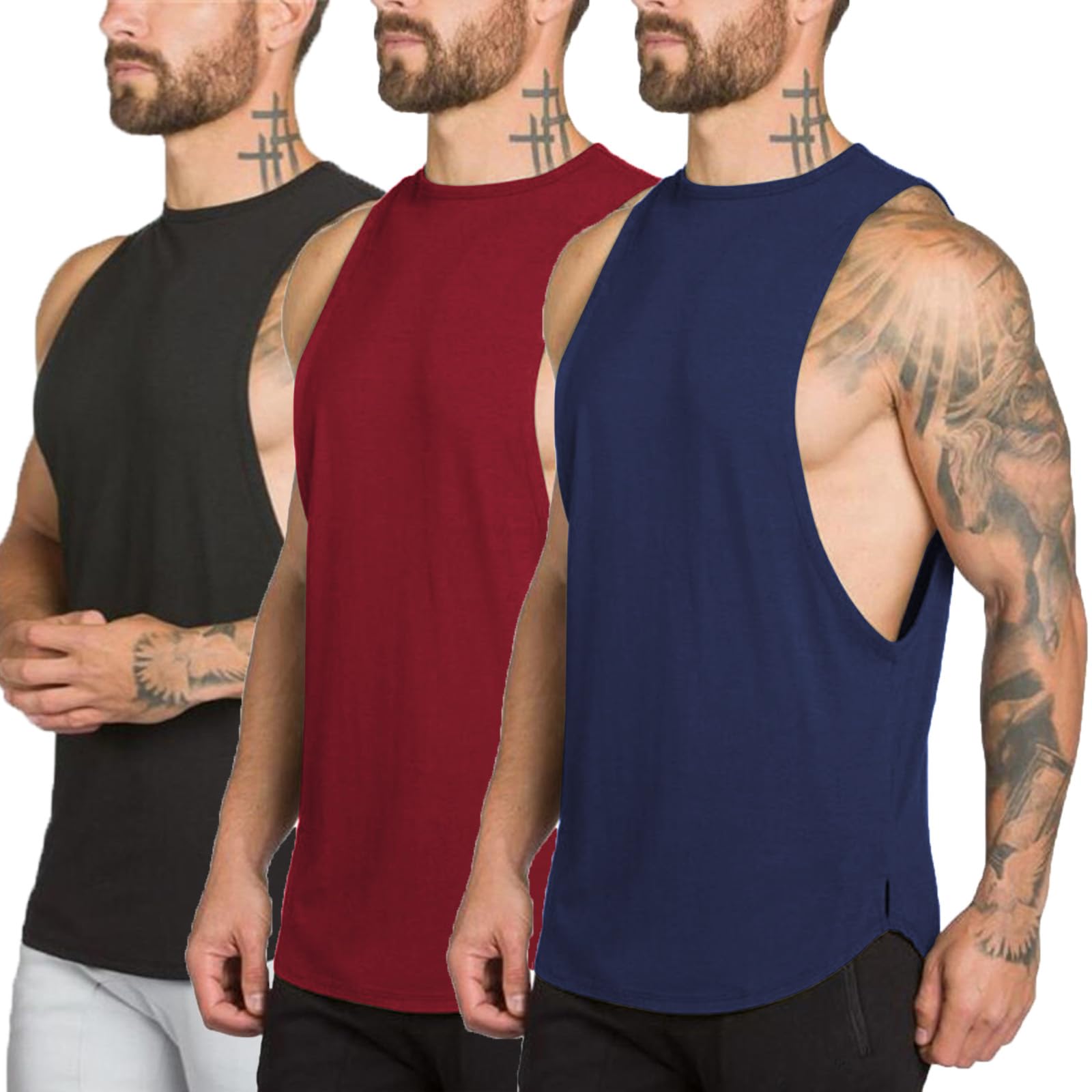 ZUEVI Men's 3 Pack Muscle Cut Off Tank Tops Bodybuilding Fitness ...