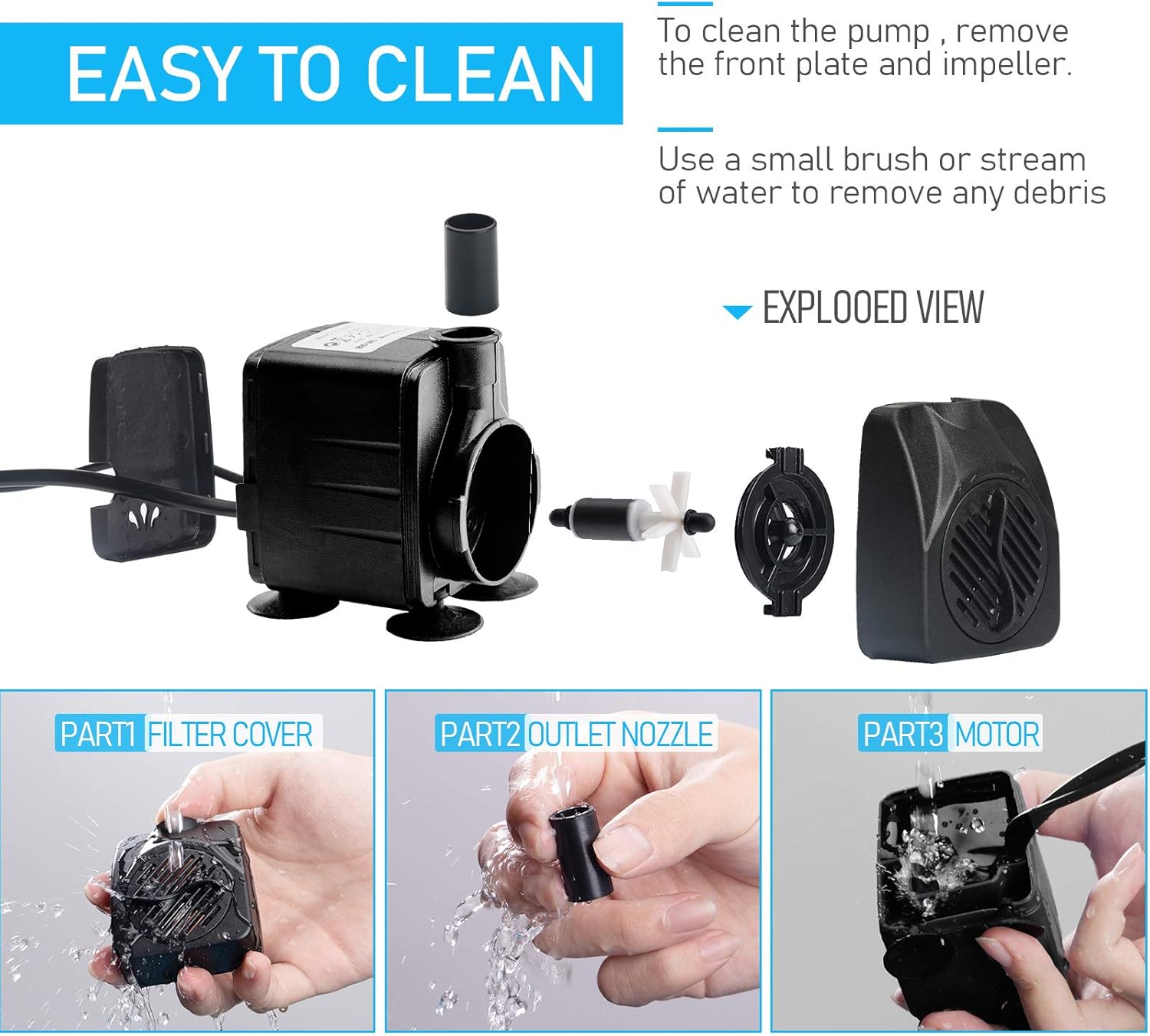 265GPH Submersible Pump(1000L/H, 15W), 3 In 1 Ultra Quiet Fountain ...