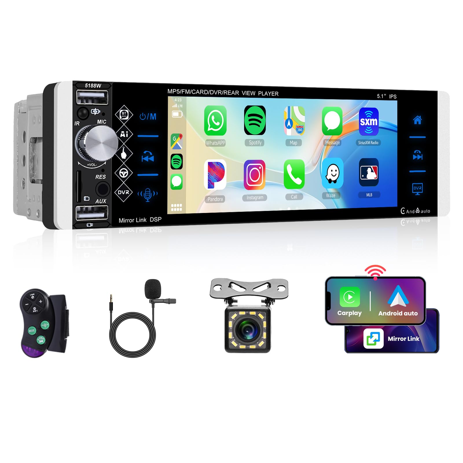 Hodozzy Single DIN Car Stereo with Wireless Carplay & Android Auto,5.1 Inch Touch Screen with ...