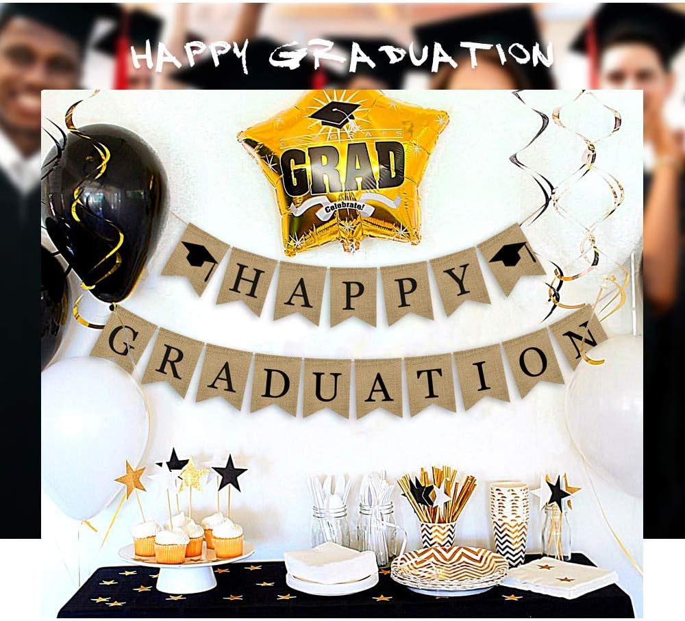 JUNICON Happy Graduation 2020 Burlap Banner, Rustic Vintage Burlap ...