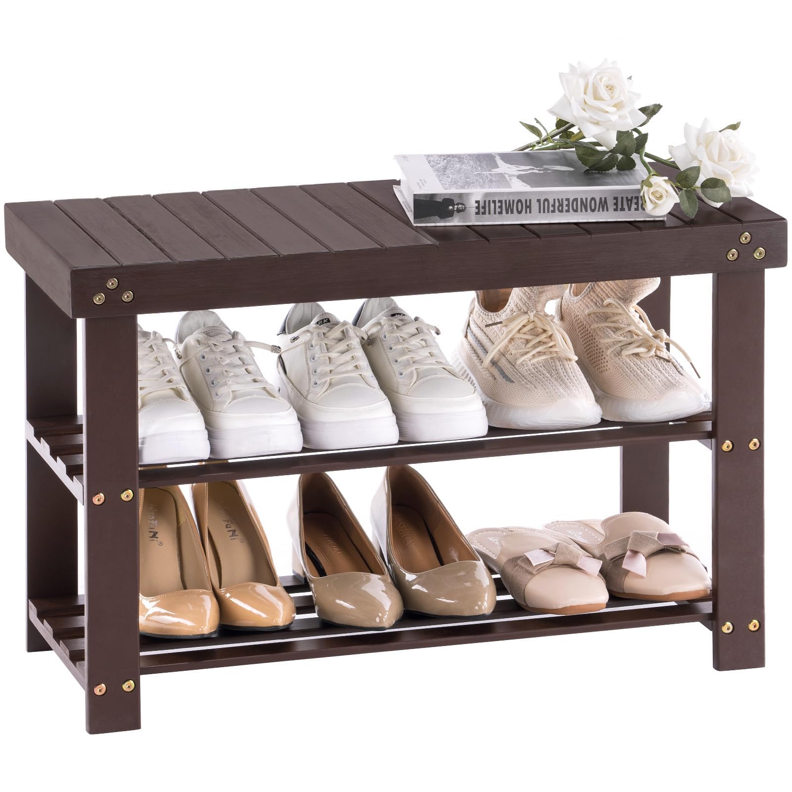 Apicizon Bamboo Shoe Rack for Entryway, 3-Tier Shoe Rack Bench for ...