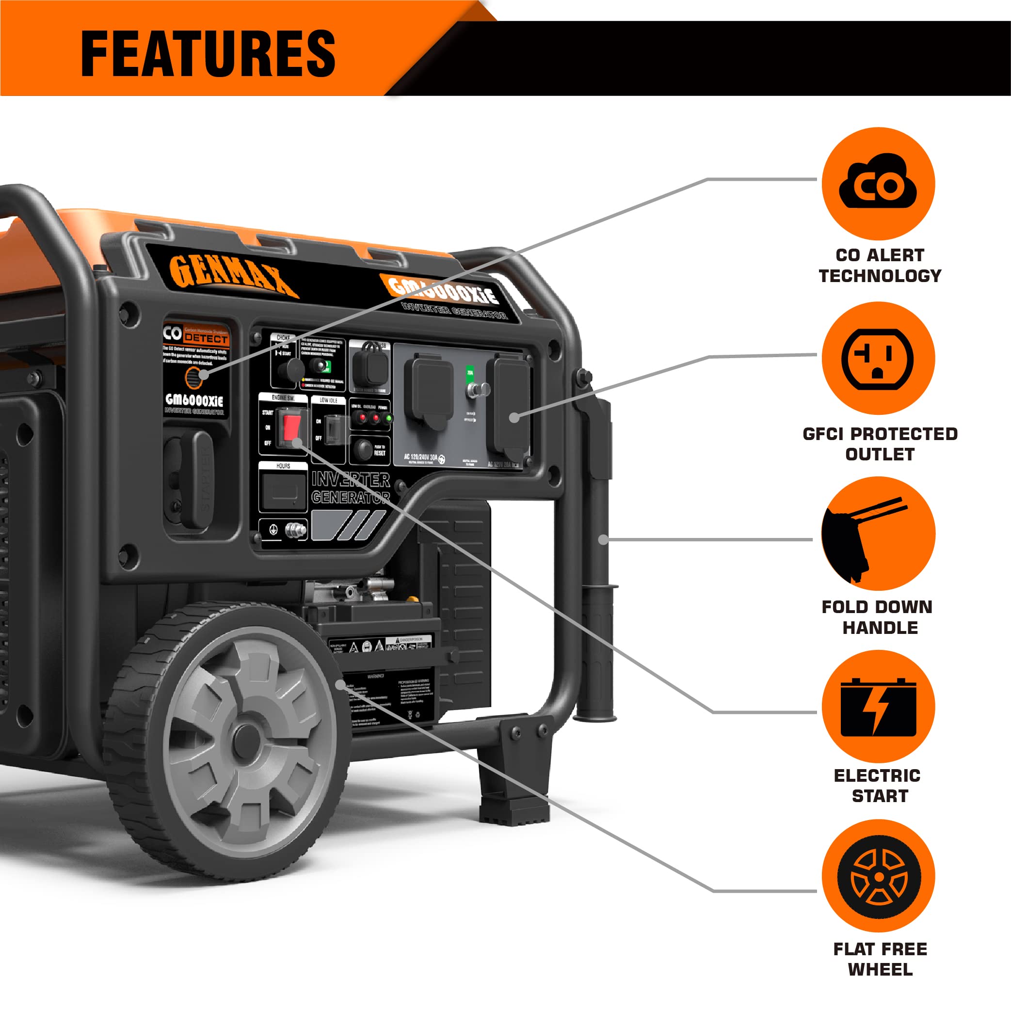 GENMAX Portable Inverter Generator, 6000W Open Frame Gas Powered High ...