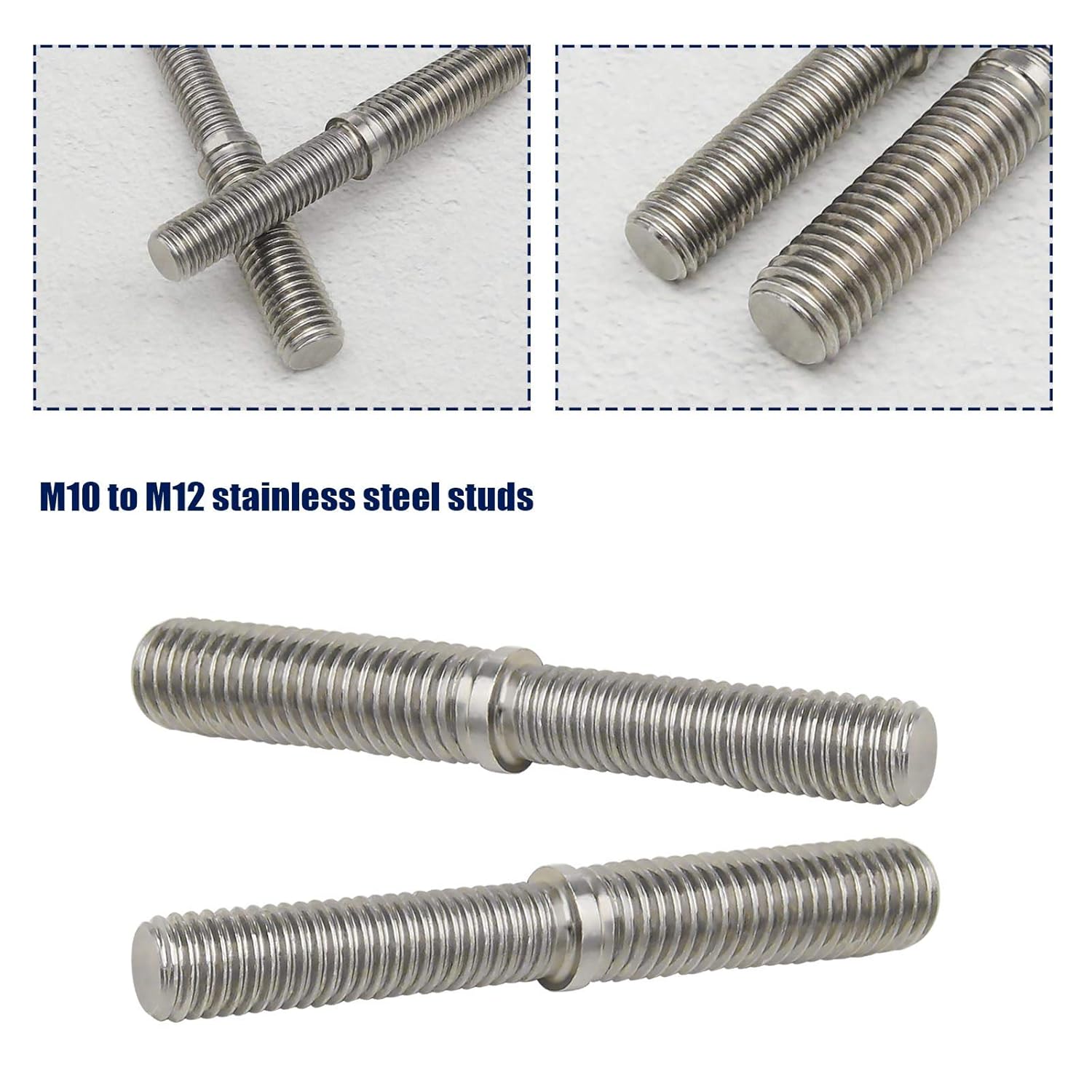 2Pcs Double End Threaded Stud Screw Bolts M10 to M12 80mm 304 Stainless Steel Reduction Thread ...