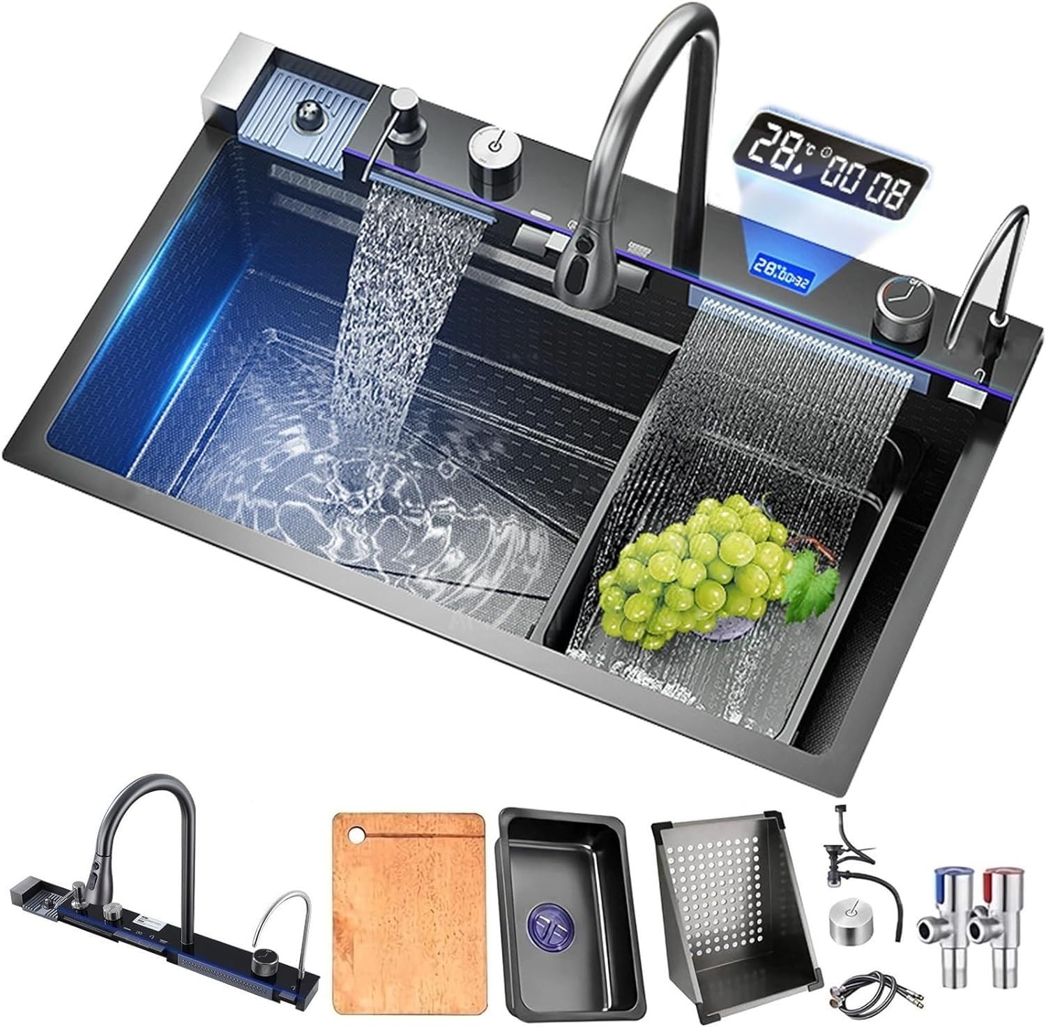 Waterfall Kitchen Sink,Stainless Steel Single Bowl Digital Display ...
