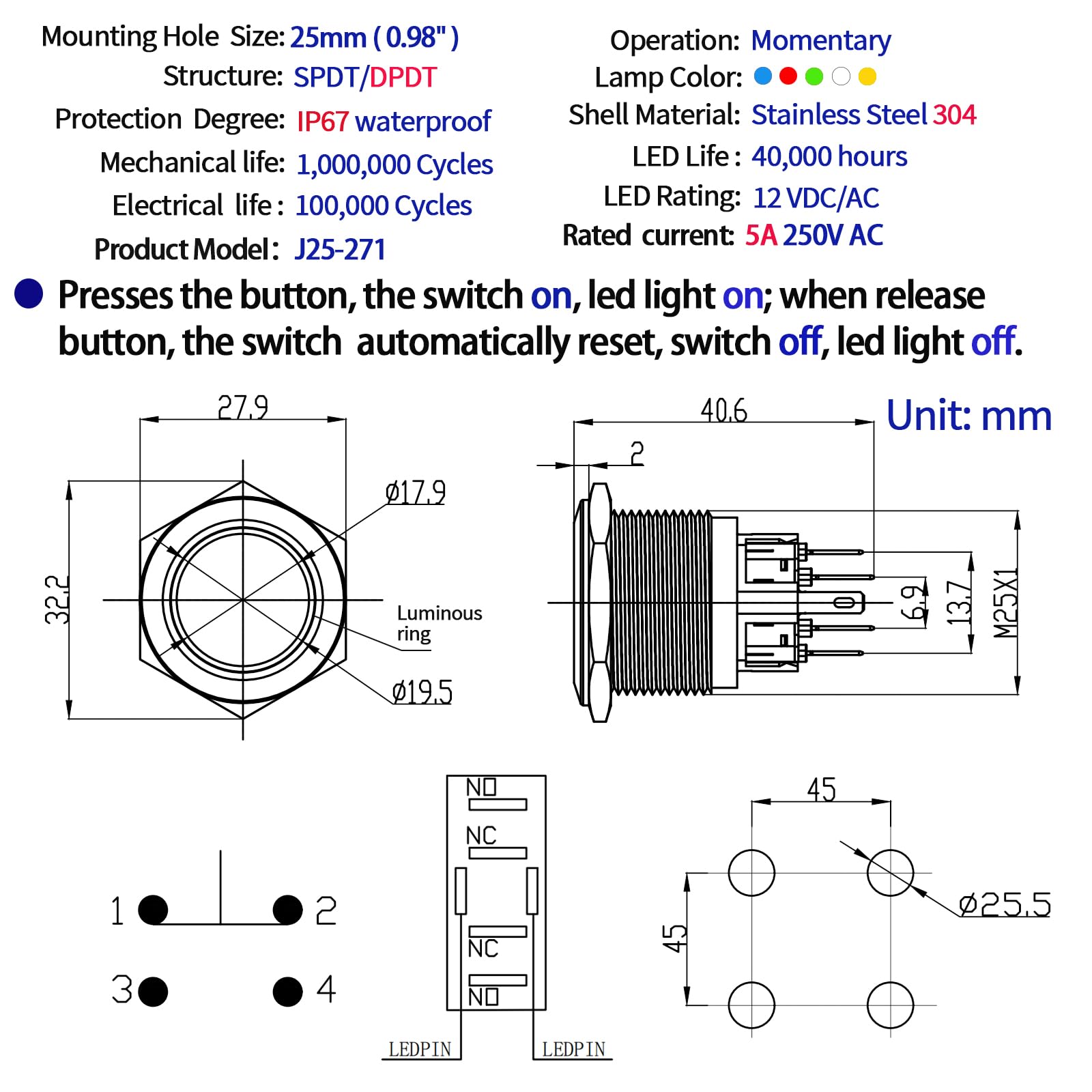 25MM Momentary Push Button Switch Self-Reset 2NO2NC 1NO1NC Stainless Steel Shell With 12V LED ...