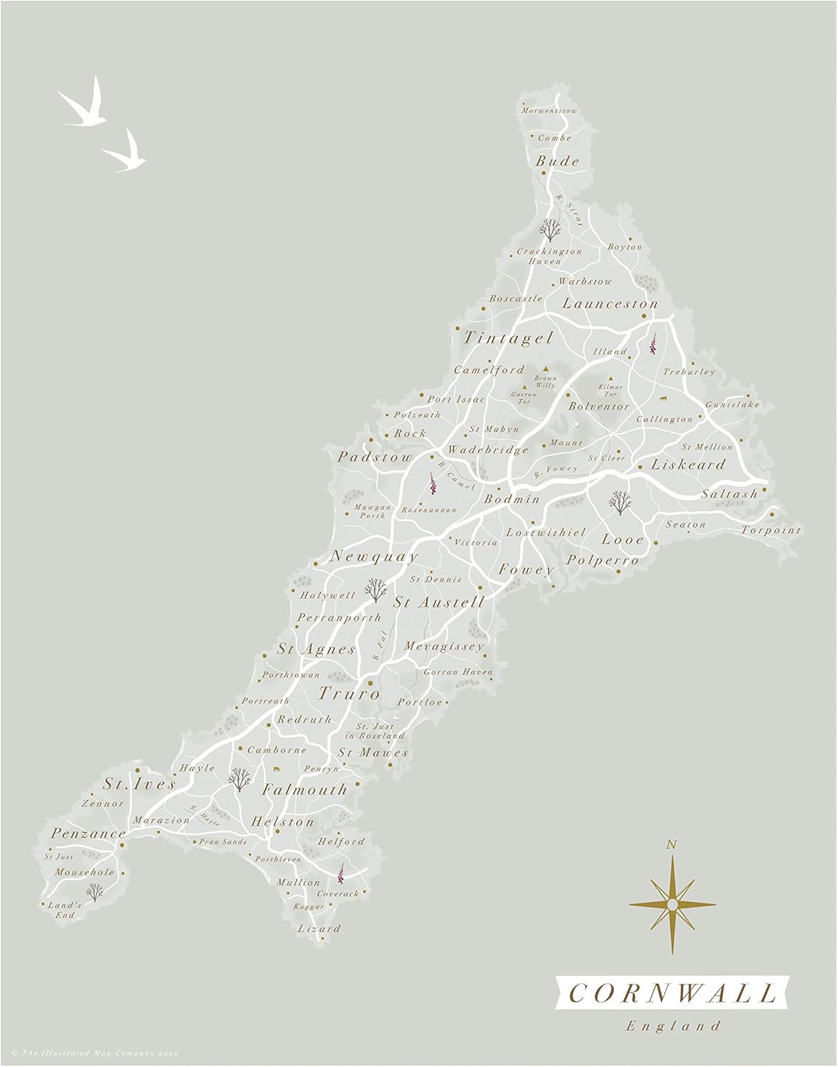 Cornwall Wall Map. Cornwall Print. Cornwall Illustrated Map. Unframed ...