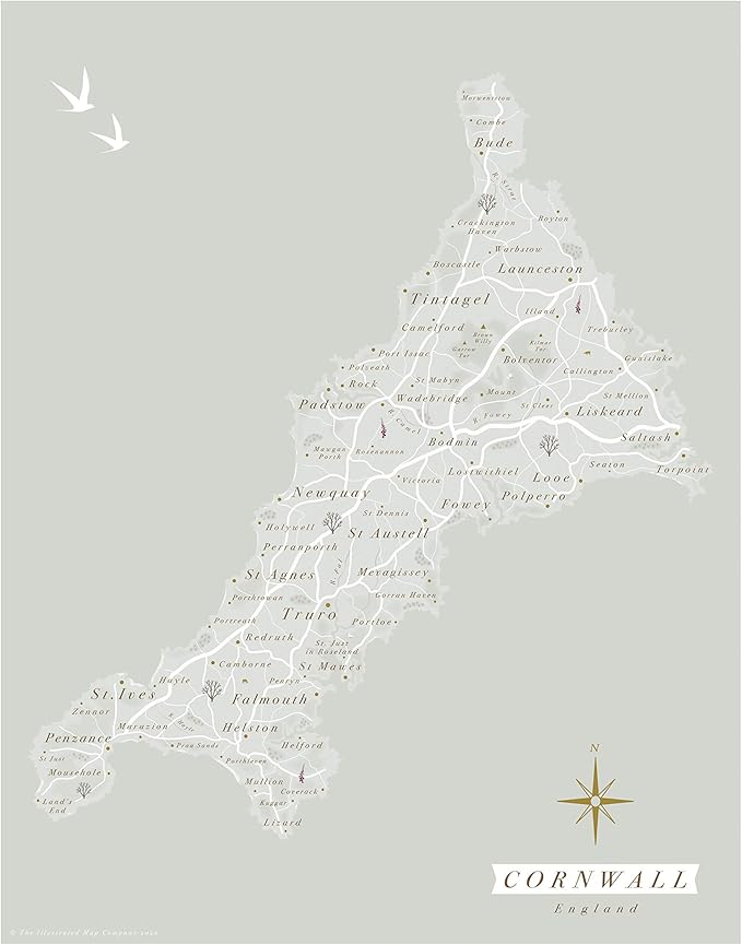 Cornwall Wall Map. Cornwall Print. Cornwall Illustrated Map. Unframed ...