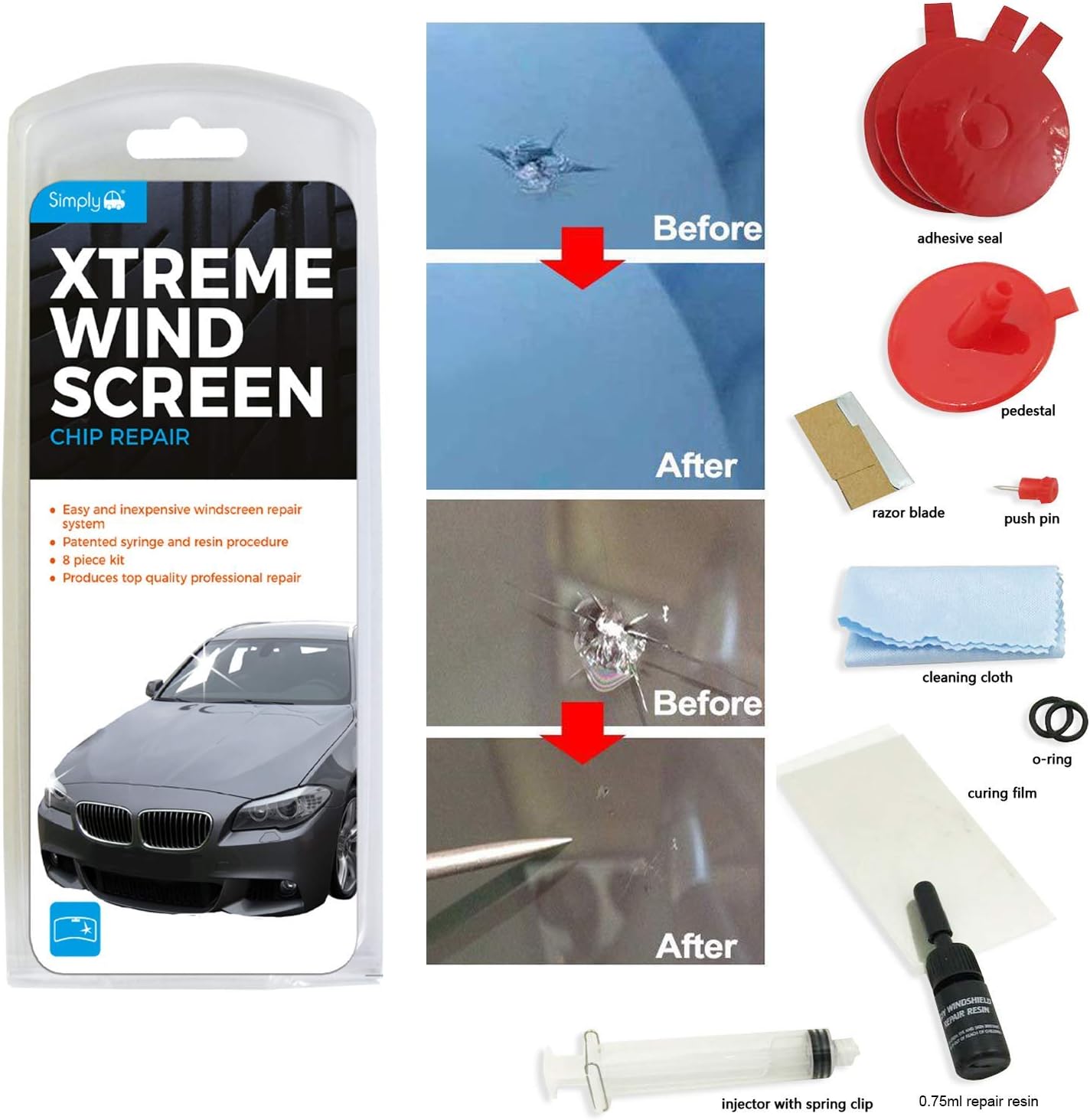 Simply XWCK1 Xtreme Windscreen Chips & Cracks Repair Kit, 8 Pieces Set ...