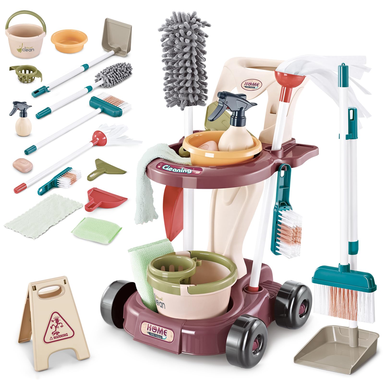 deAO Kids Cleaning Set,Pretend Play Detachable Housekeeping Cart with ...