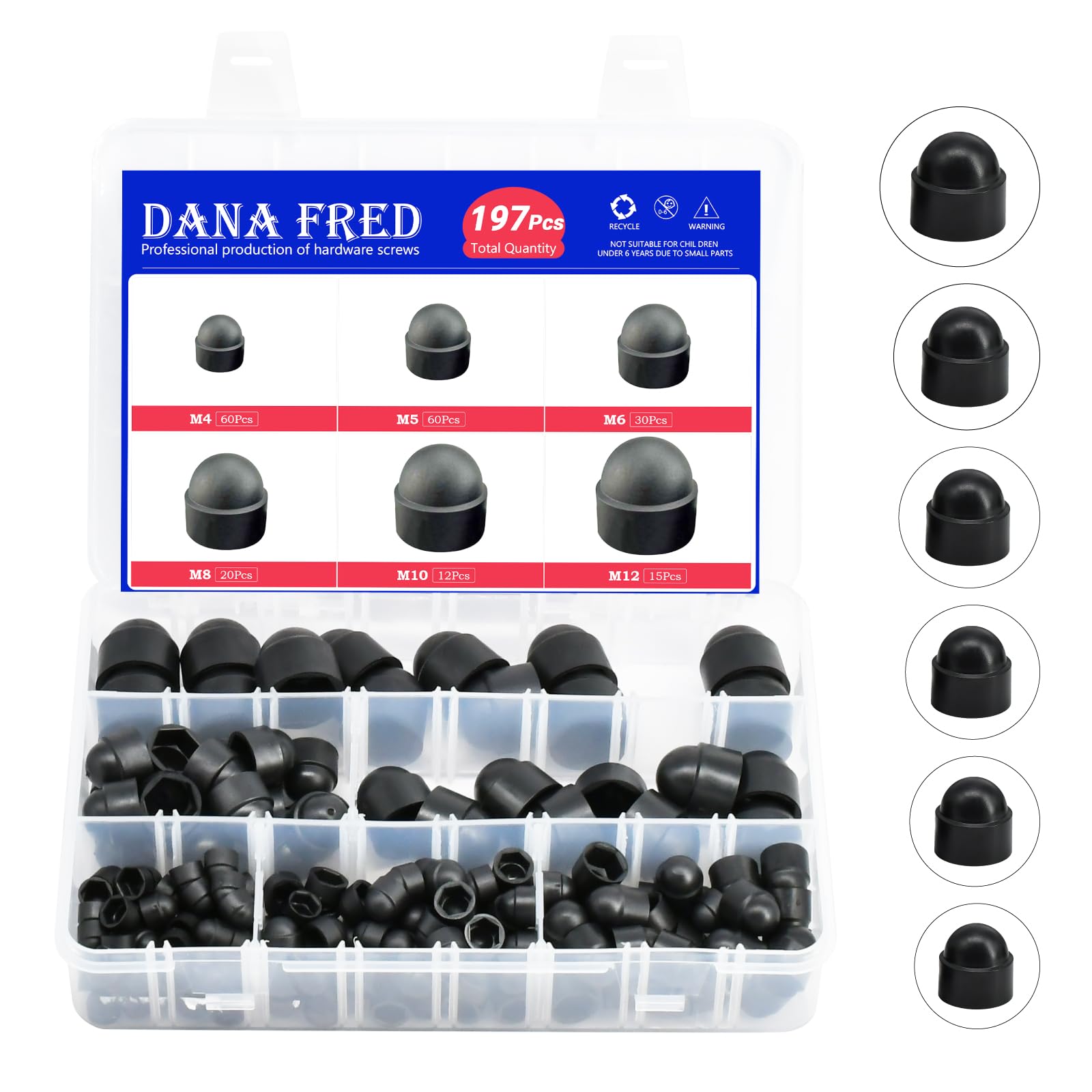 197-Piece Black Bolt Nut Protective Cap Kit - M4 to M12 Sizes, Nylon ...