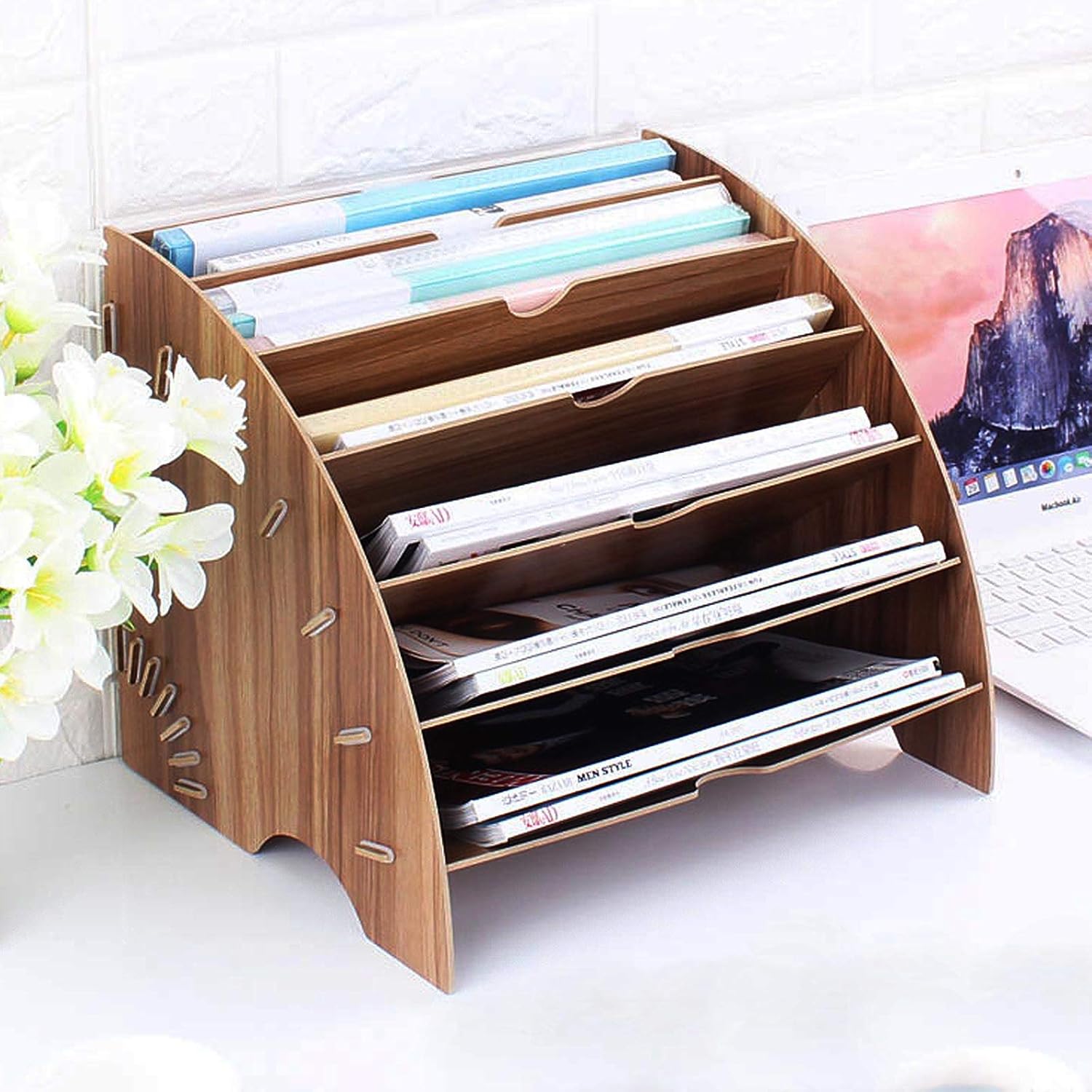 Desktop File Sorter Organizer 6 Slots Wooden Fan-Shaped Mail Letter ...