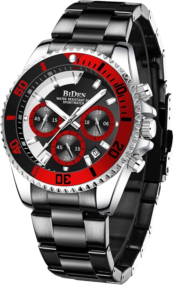 Mens Watches Chronograph Black red Stainless Steel Waterproof Date ...