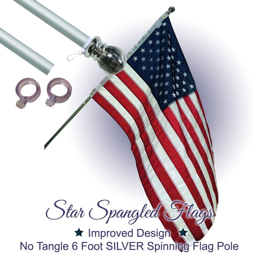 Flag Pole - 6 Foot Silver Brushed Aluminum No Tangle Spinning Flagpole ...