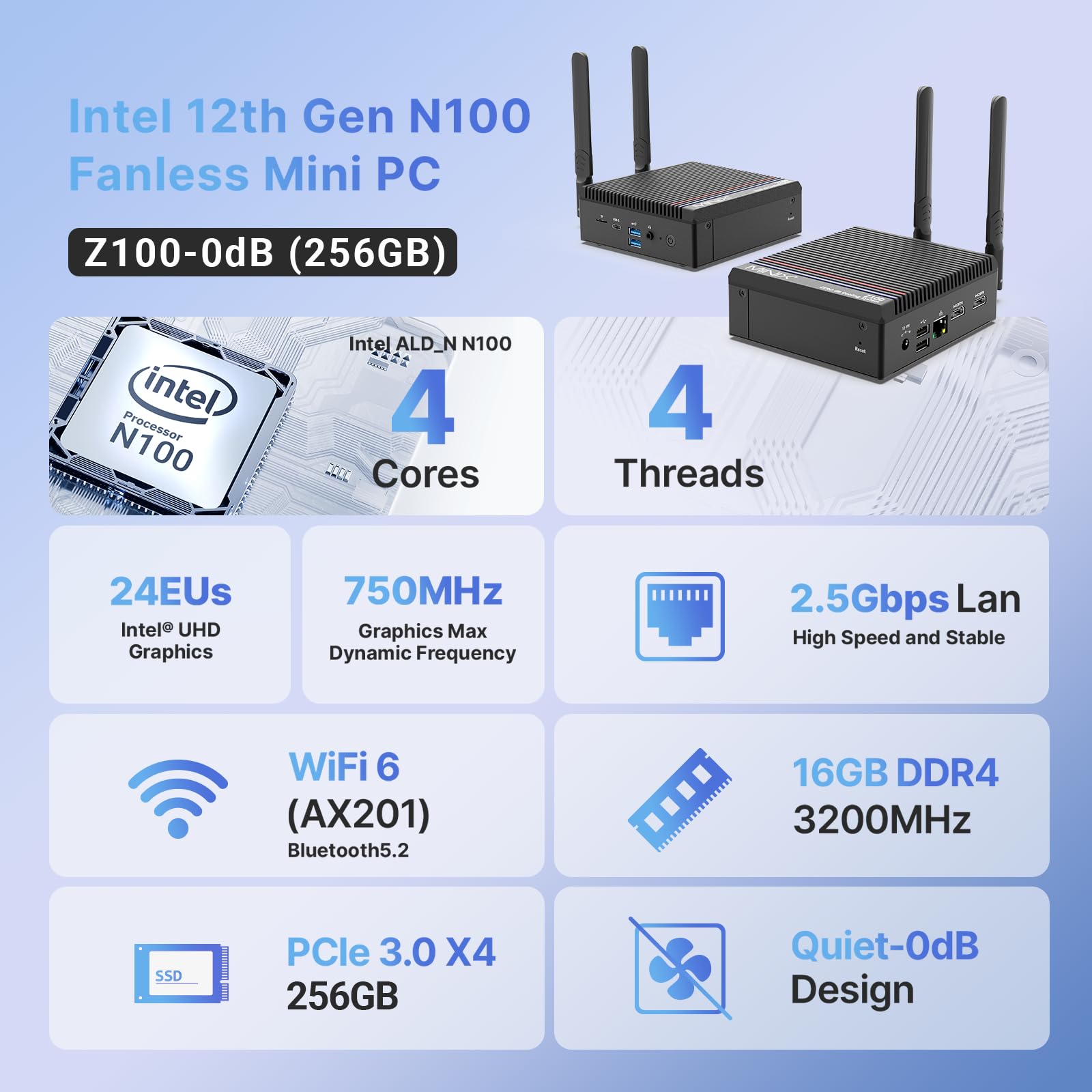 Mua MINIX Z100-0dB Fanless Mini PC, Intel 12th Gen N100, 8GB DDR4, 256GB M.2 PCIe Gen3 x 4 NVMe ...