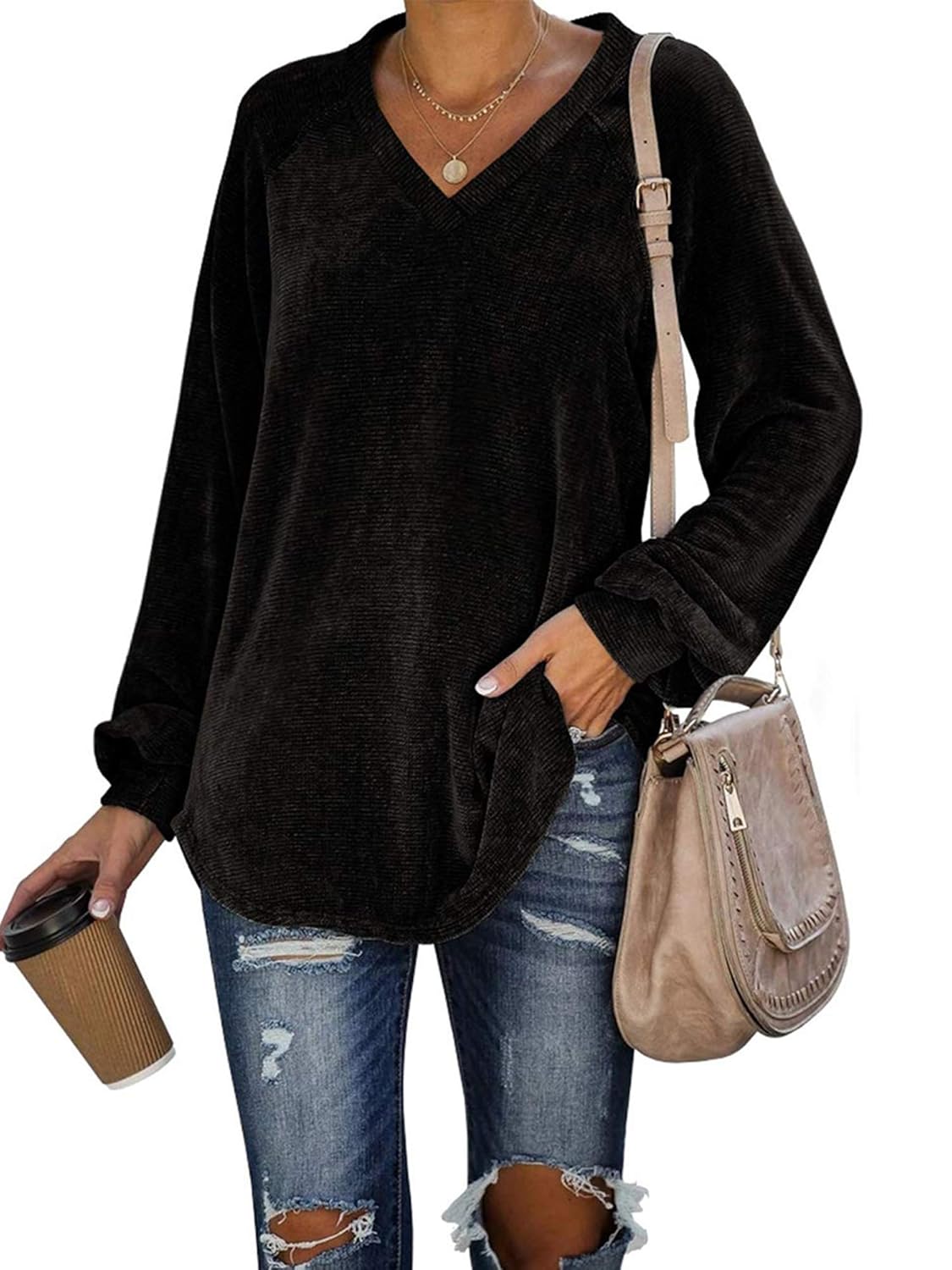 Buy Women's Velvet Tunic Tops V Neck Long Sleeve V Neck Loose Casual ...