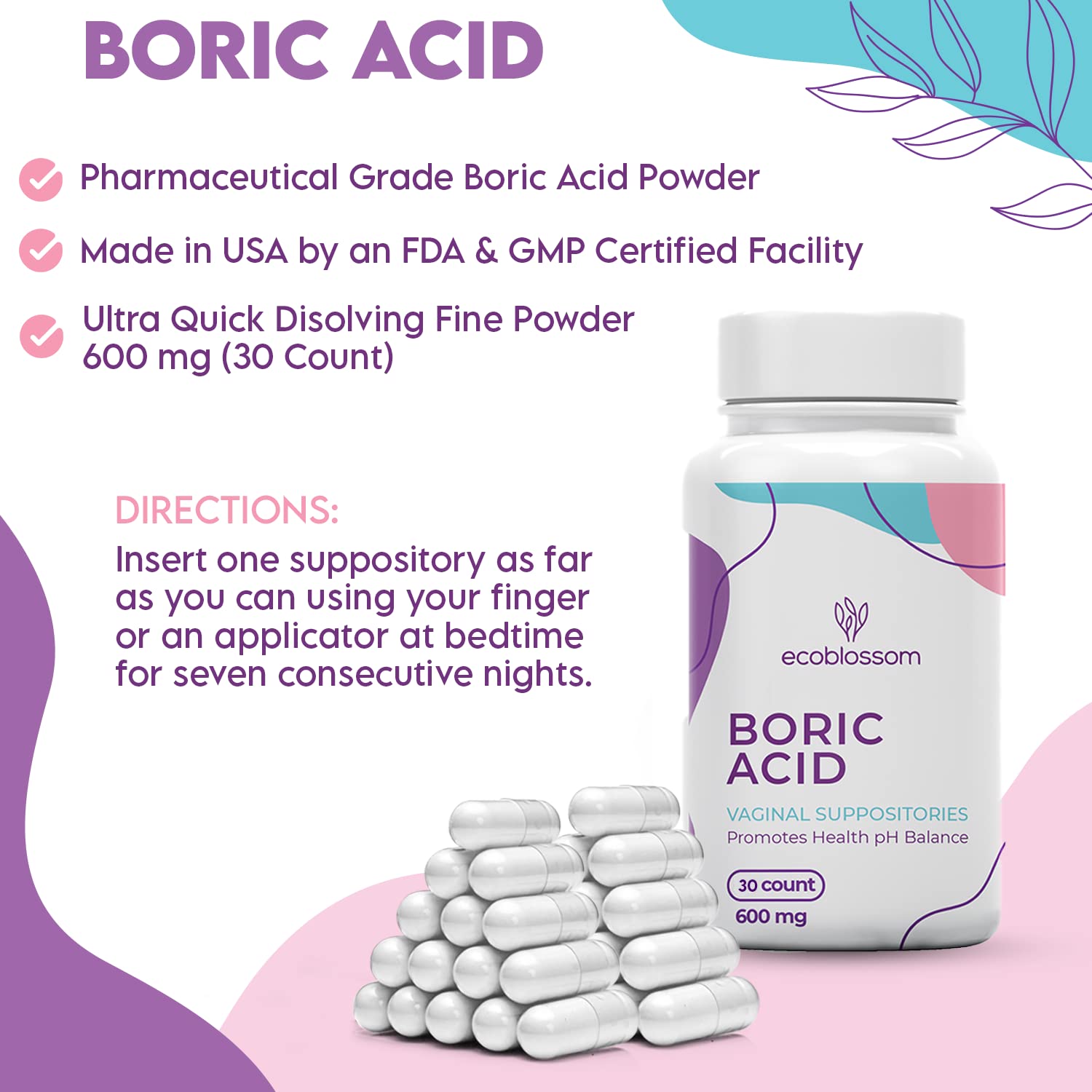 Mua EcoBlossom Boric Acid Suppositories for Women - 600mg (30 Count ...