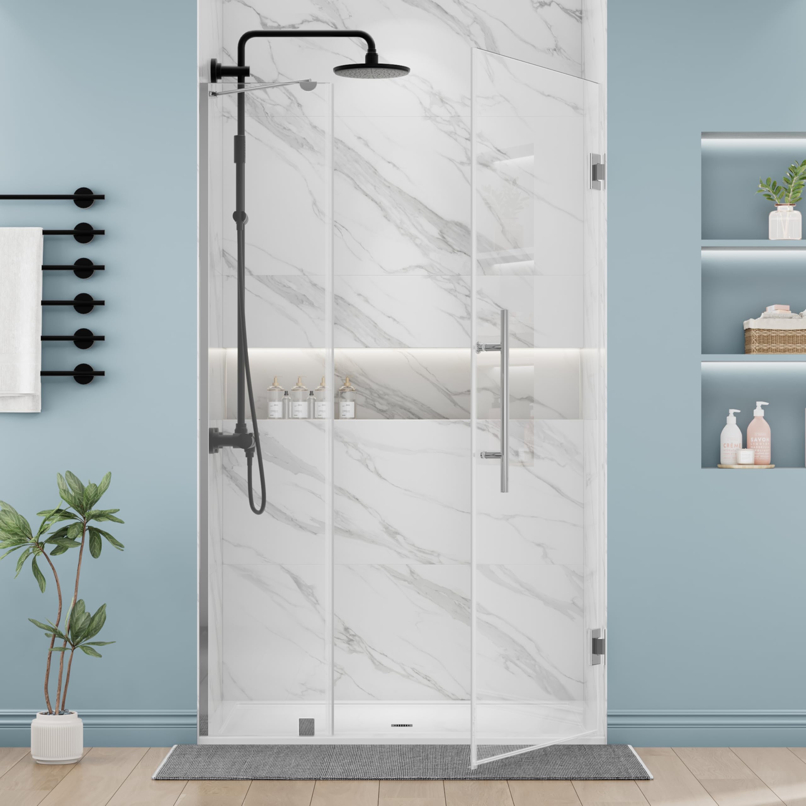 DELAVIN 40" W x 72" H Frameless Hinged Shower Door, Hinged Glass Shower ...