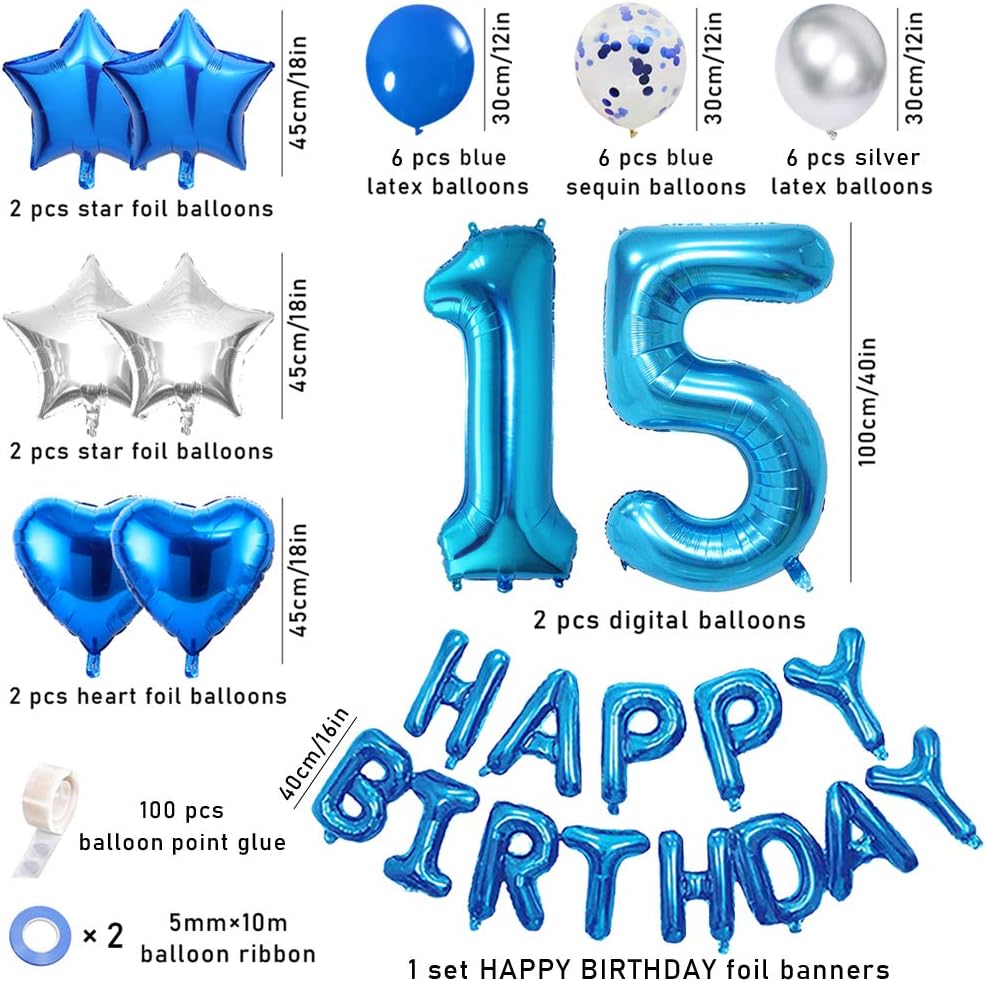 Ceqiny 15th Birthday Decoration Happy Birthday Banner Balloon Set Blue ...
