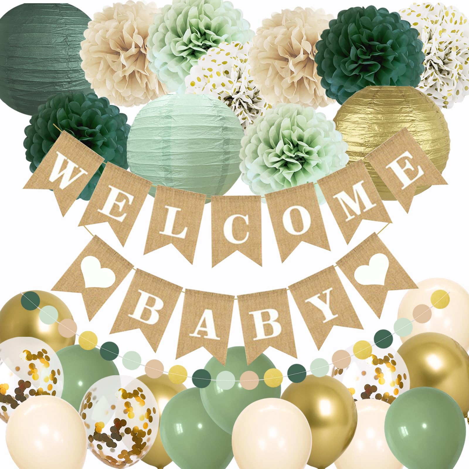 Sage Green Baby Shower Decorations Welcome Baby Banner, Tissue Pom Poms ...