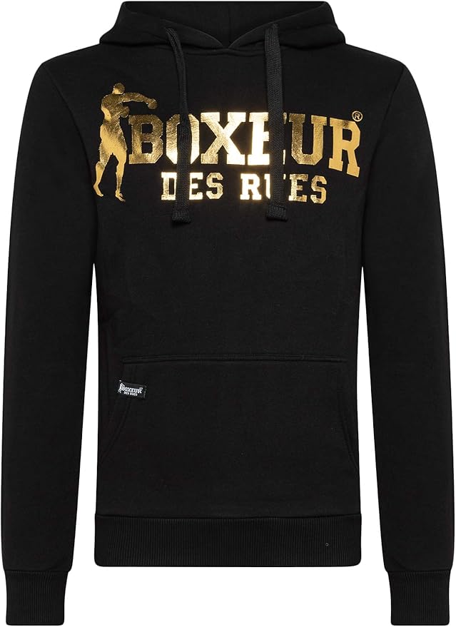 BOXEUR DES RUES - Black-&-Gold Hooded Sweatshirt with Logo Print Design ...