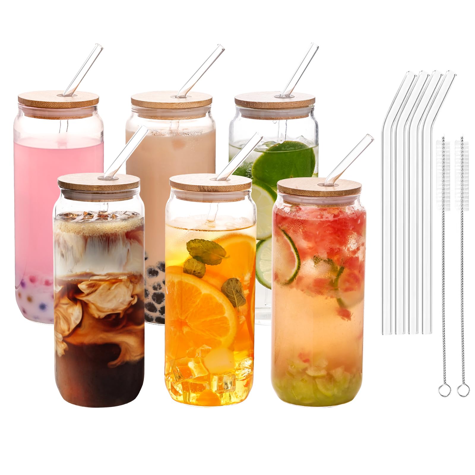 YUNCANG 6 Pack Bamboo Lid Glass Drinking Glasses with Glass Straw - 20 ...
