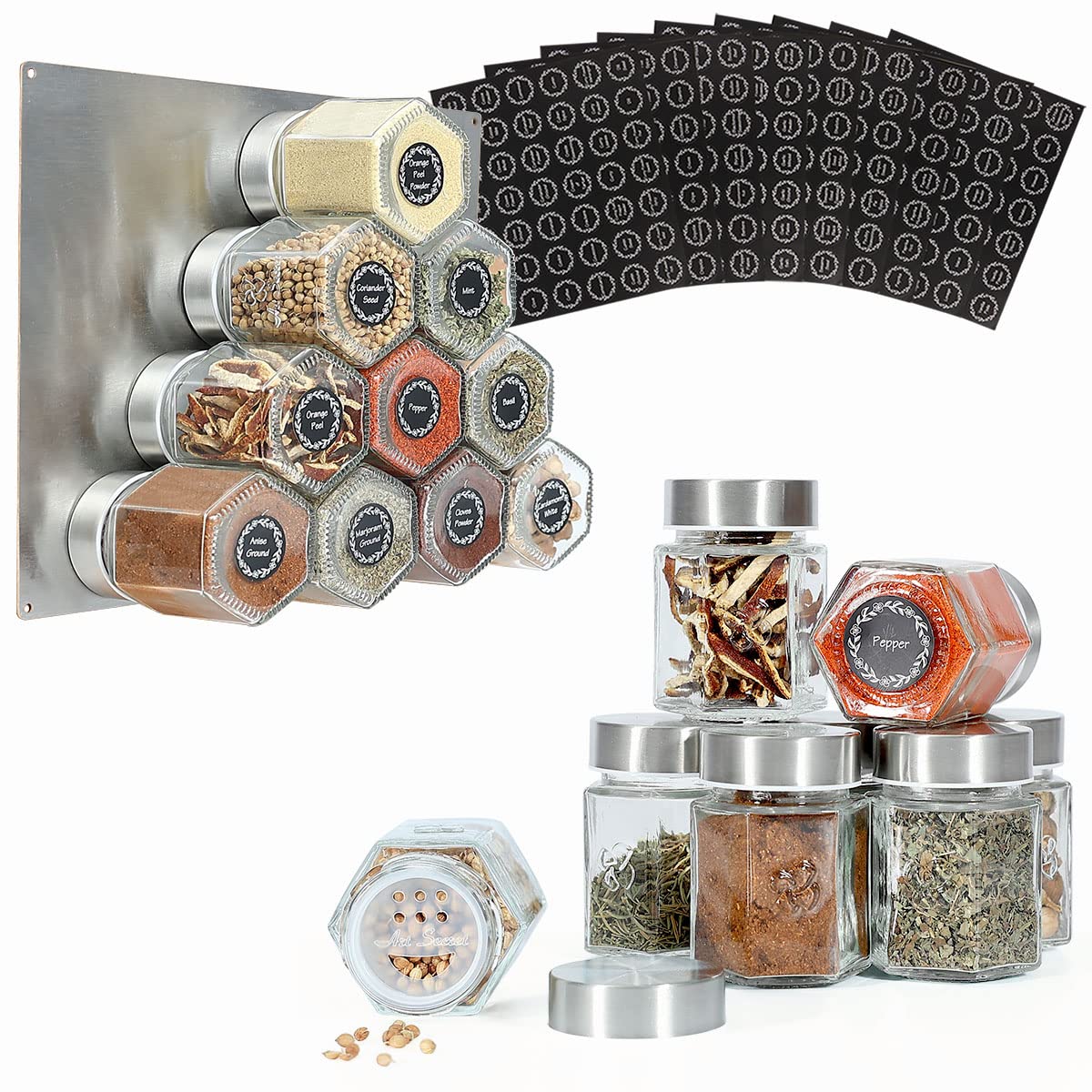 16-Pack Magnetic Hexagon Spice Jars with Upgraded Sealed Magnet Lids ...