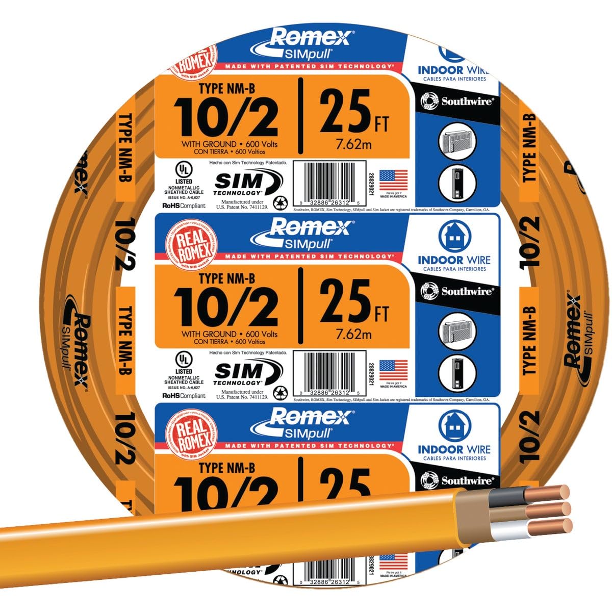 Southwire Romex Brand Simpull Solid Indoor 10/2 W/G NMB Cable 25ft coil ...