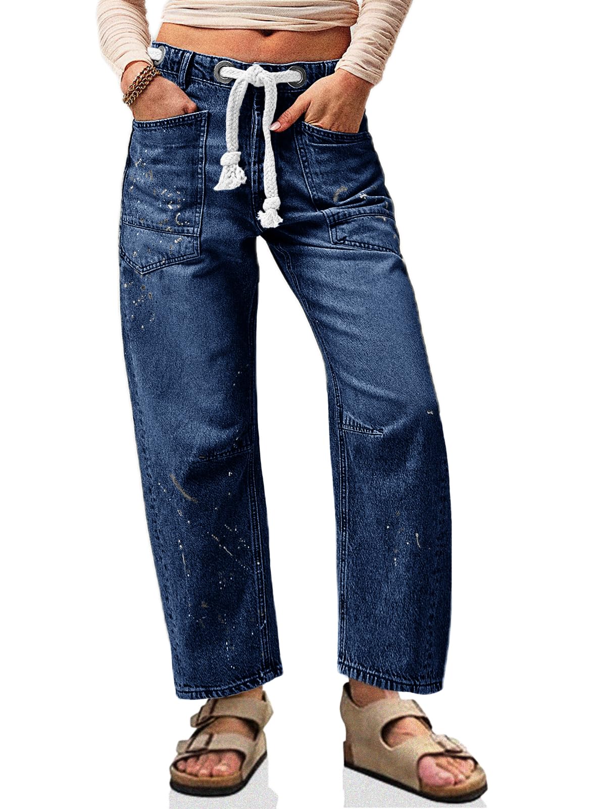 Cicy Bell Womens Baggy Barrel Horseshoe Jeans Wide Leg Drawstring ...