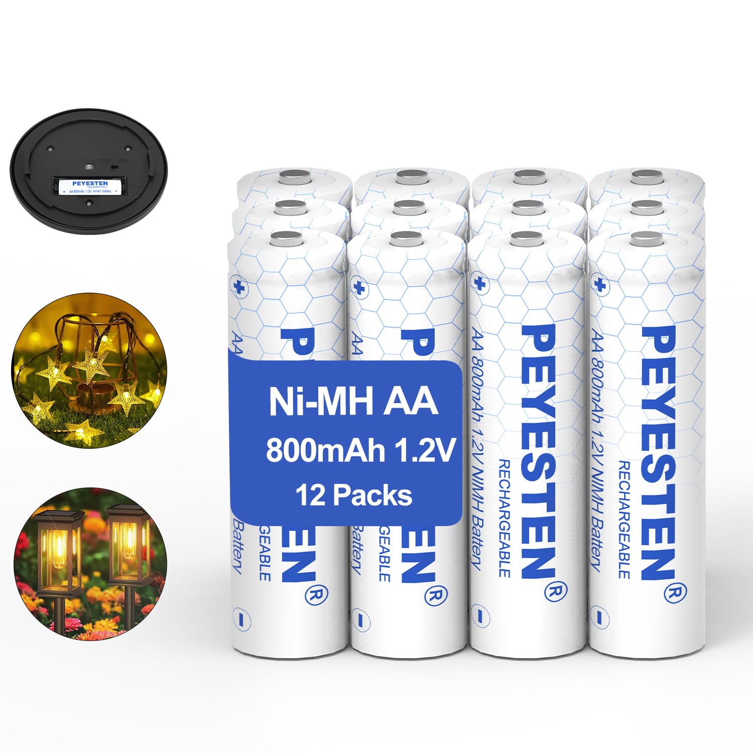 PEYESTEN Ni-Mh 800mAh 1.2V AA Rechargeable Batteries Ni-Mh, Double A Batteries for Solar Lights ...