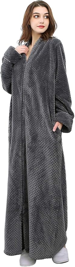 Hellomamma Women's Zip Front Bathrobe Soft Warm Long Fleece Plush Robe ...