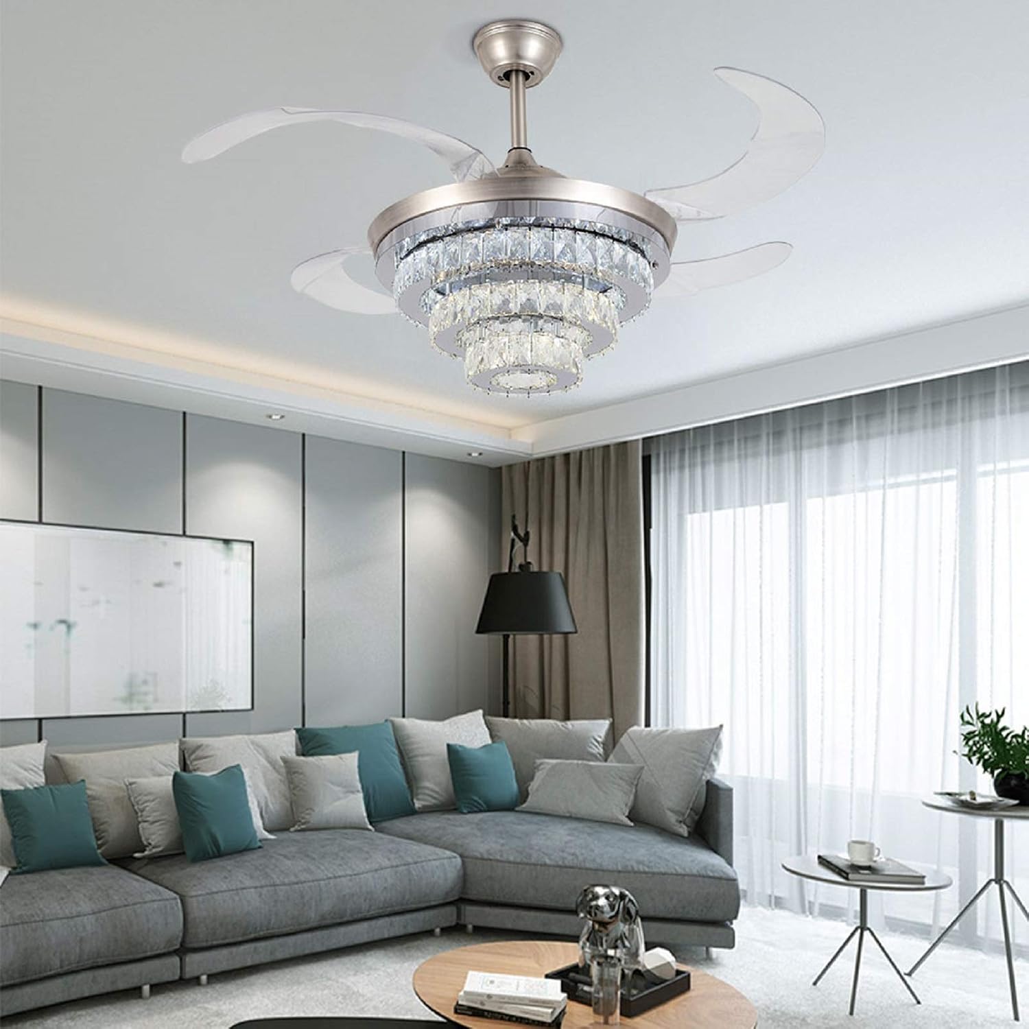 42 inch Crystal Ceiling Fan Light Bladeless Retractable hidden Blade 3 ...