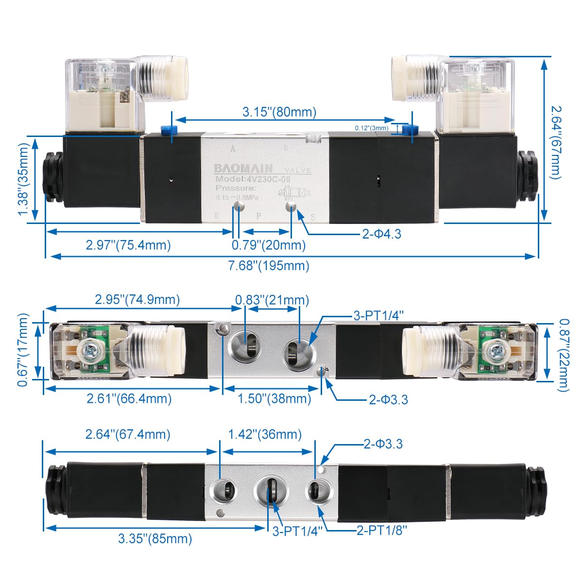 Mua Baomain Pneumatic Solenoid Air Valve 4V230C-08 DC 24V 5 Way 3 Position PT1/4" Internally ...