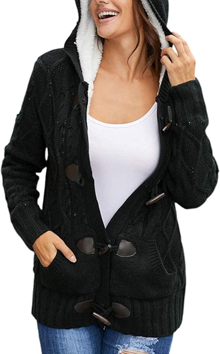 Women Chunky Button Up Cardigan Knit Hooded Cable Sweater Coat Outwear ...