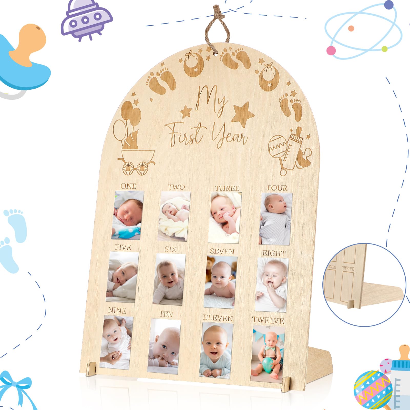 RattanView First Birthday Photo Board My First Year Photo Display Wood ...
