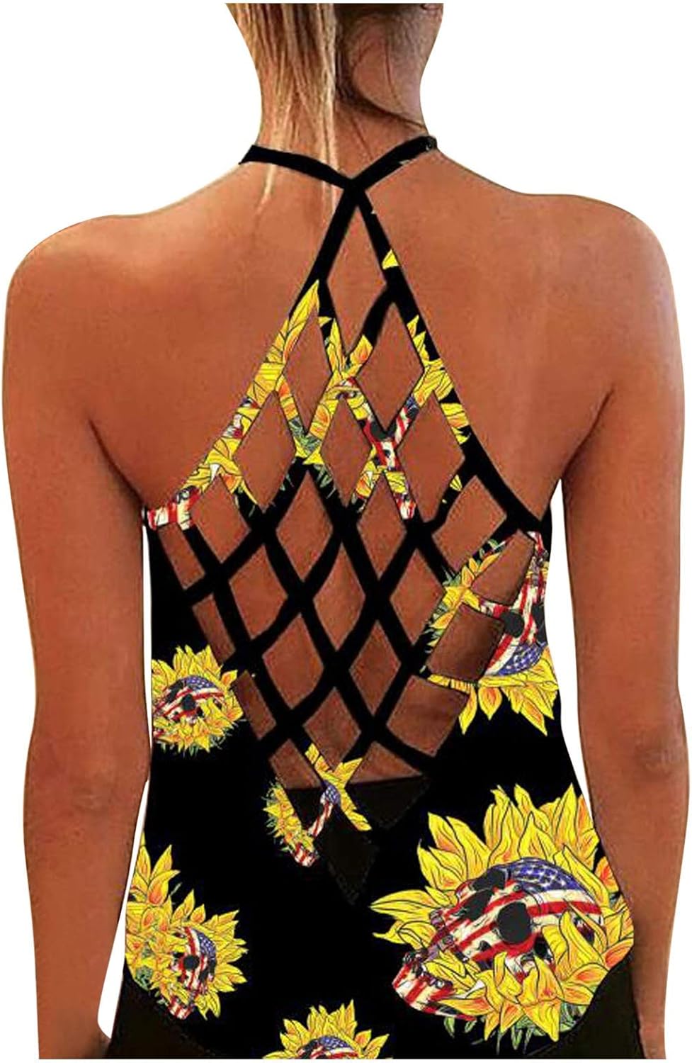 Satiable Damen Gitter Rückenfrei Tops ärmellos Drucken Einfarbig Tank ...