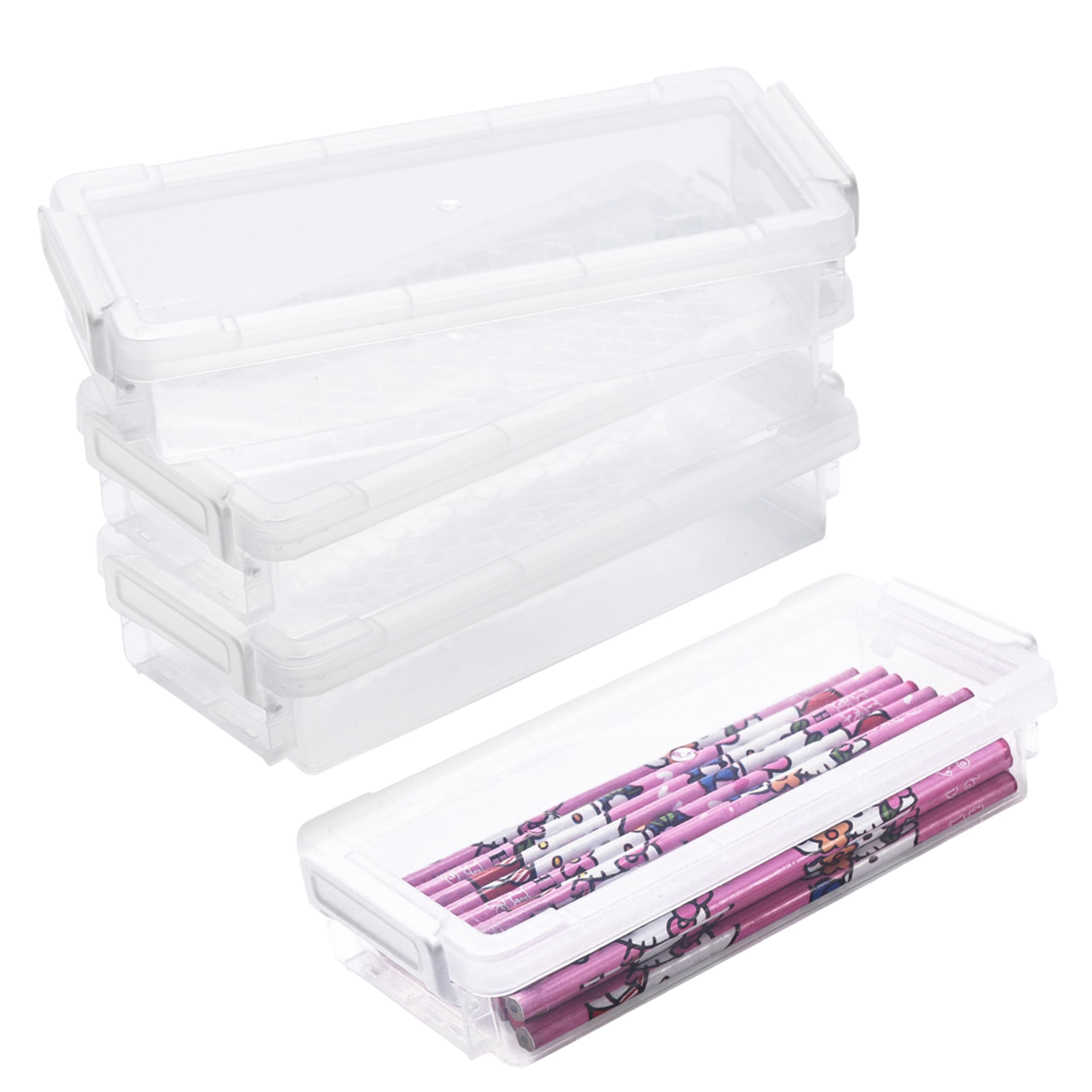 Bins & Things Stackable Pencil Boxes with Latching Lids, Set of 4 - Large Capacity Transparent ...