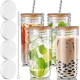 Amazon.com: NETANY [ 4 Pack ] Glass Cups Set - 24oz Mason Jar Drinking Glasses w Bamboo Lids ...