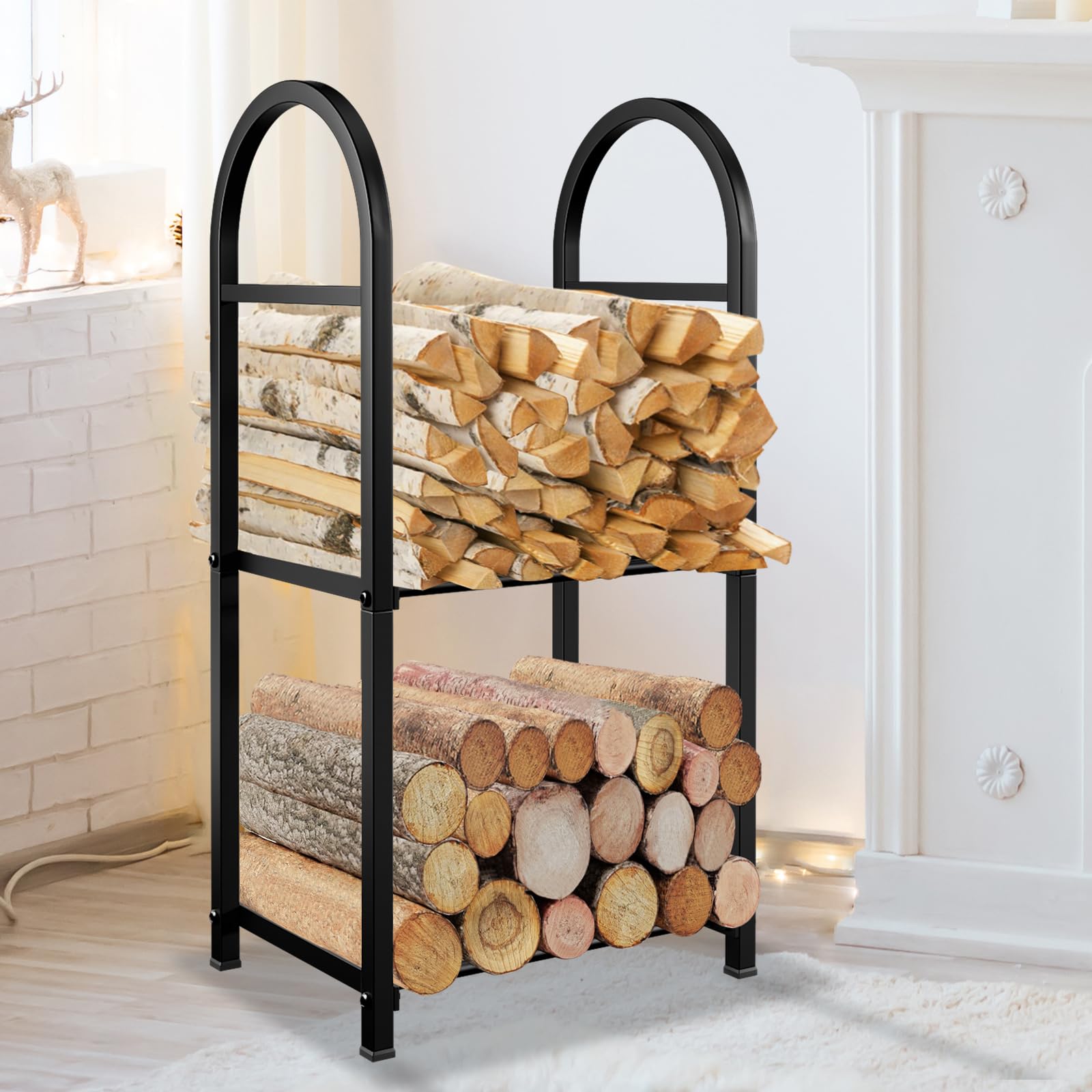 GREENER Firewood Rack with Kindling Wood Hooks, Indoor Firewood Rack ...