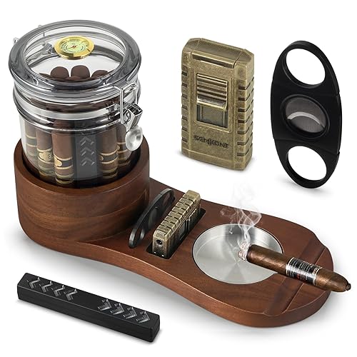 Cigar Humidor, Solid Wood Cigar Ashtray & Acrylic Cigar Jar Kit with ...