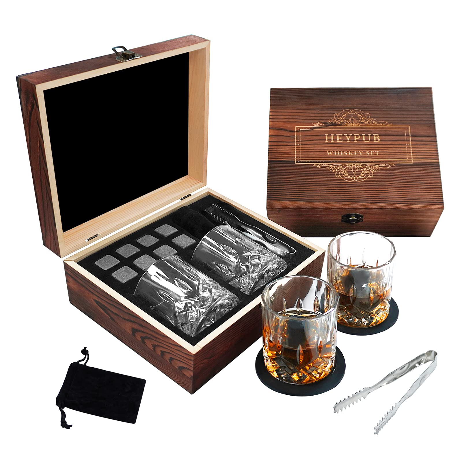 HEYPUB Whiskey Stones Gift Set,Whiskey Glasses Set 8 Granite Chilling ...